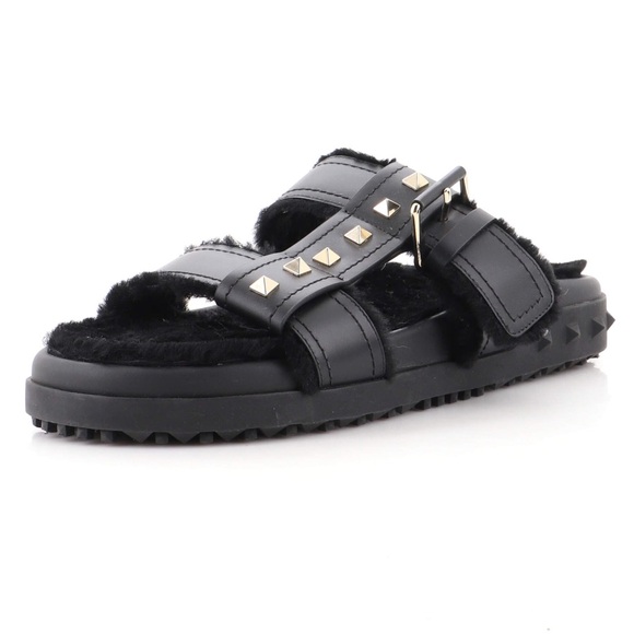 Valentino | Shoes | Valentino Rockstud Black Shearling Fur Caged Slides ...